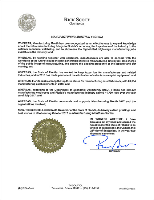 October is Manufacturing Month. Governor Rick Scott Issues Proclamation ...